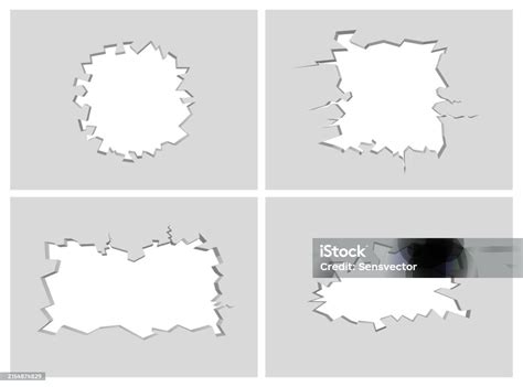 골절과 균열이 있는 깨진 패널 벡터는 복사 공간 텍스트를 위한 빈 장소를 드러내는 사실적인 철거된 벽의 집합입니다 파쇄된 표면 콘크리트 및 석고가 있는 장벽 구멍에 대한