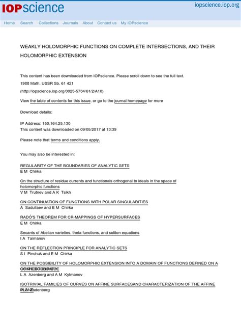 Weakly Holomorphic Functions On Complete Interctions And Their Holomorpphic Extension Pdf