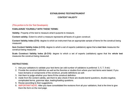 Computing The Content Validity Index Establishing Testinstrument