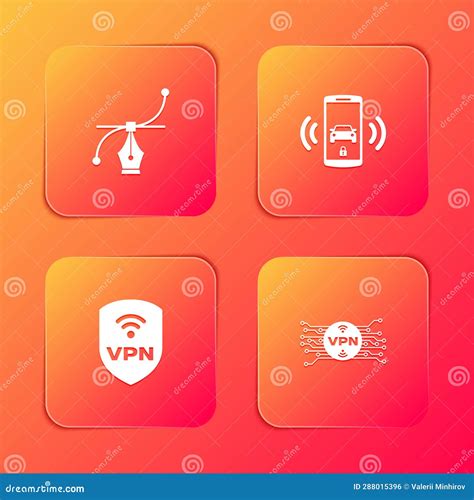 Set Bezier Curve Smart Car Alarm System Shield With Vpn Wireless And Microchip Circuit Icon