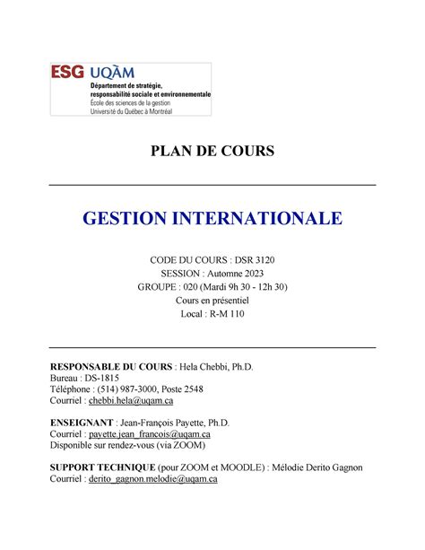 Plan De Cours Dsr 3120 Gestion Internationale Plan De Cours Gestion Internationale Code Du