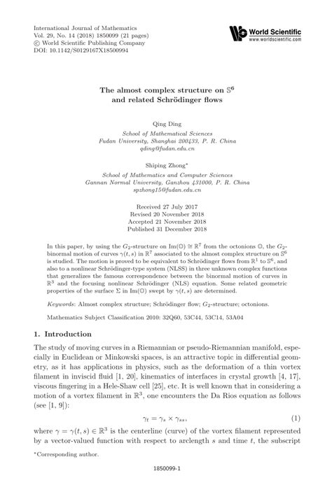 Pdf The Almost Complex Structure On 𝕊 6 And Related Schrödinger Flows