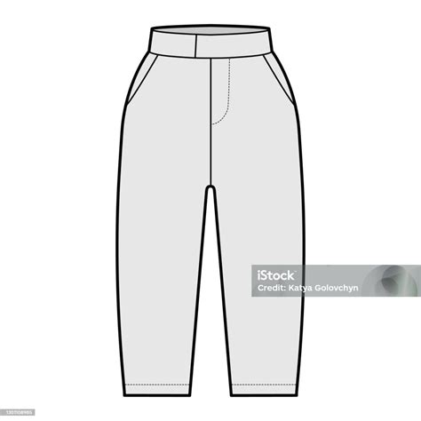 무릎 길이 정상 허리 슬래시 포켓 연장 된 허리 밴드가있는 짧은 카프리 팬츠 테크니컬 패션 일러스트 0명에 대한 스톡 벡터 아트 및 기타 이미지 Istock