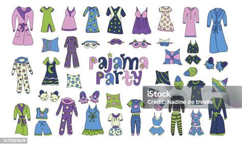 잠옷 슬리퍼 드레싱 가운 및 잠옷의 귀여운 그림 세트 레터링은 디자인 요소로 둘러싸인 파자마 파티입니다 낙서 스타일로 손으로 그린 엽서의 벡터 일러스트레이션 밤샘 파티에