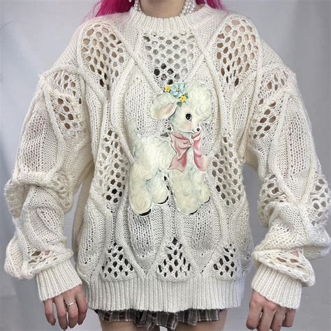 Cream Knitted Patchwork Graphic Jumper Sweater With Depop
