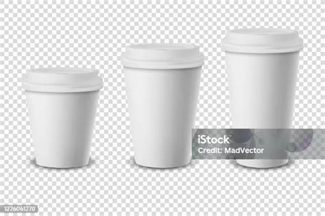 벡터 3d 흰색 현실적인 일회용 폐쇄 종이 투명 한 배경에 격리 흰색 갈색과 검은 색 뚜껑 설정 음료플라스틱 커피 컵 디자인 템플릿 모형 정면 보기 3차원 형태에 대한 스톡