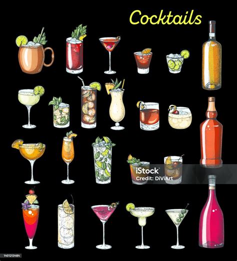 알코올 칵테일 손으로 그린 벡터 일러스트레이션 다채로운 세트 코냑 브랜디 보드카 데킬라 위스키 샴페인 와인 마가리타 칵테일 병과 유리 복고풍에 대한 스톡 벡터 아트 및 기타