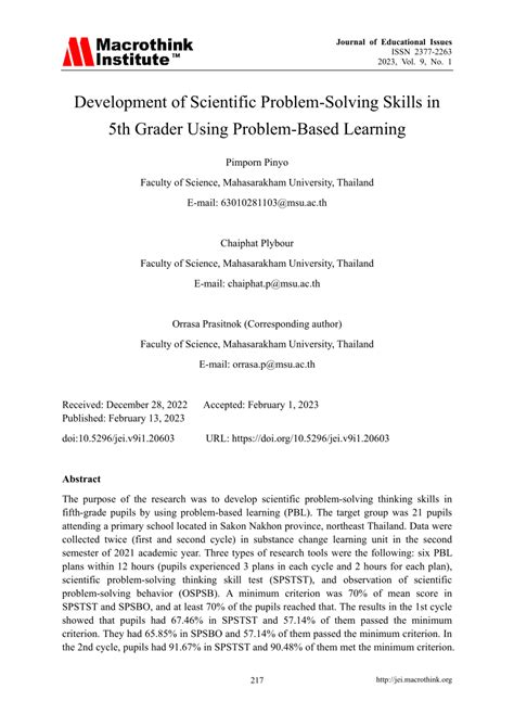 Pdf Development Of Scientific Problem Solving Skills In 5th Grader Using Problem Based Learning