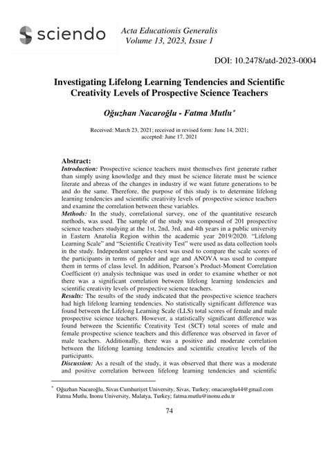Pdf Investigating Lifelong Learning Tendencies And Scientific Creativity Levels Of Prospective
