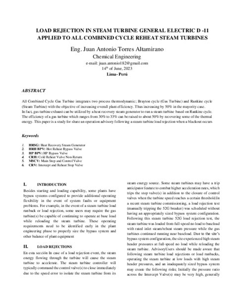 Pdf Load Rejection In Steam Turbine General Electric D 11 Applied To All Combined Cycle