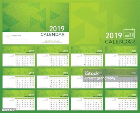 달력 그린 플래너 2019 년입니다 일정 계획 간단한 최소한의 벽과 데스크 템플릿 추상적인 배경 일요일부터 시작 하는 주 달력에 대한 스톡 벡터 아트 및 기타 이미지
