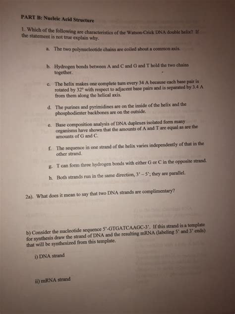 Solved PART B Nucleic Acid Structure Which Of The Chegg