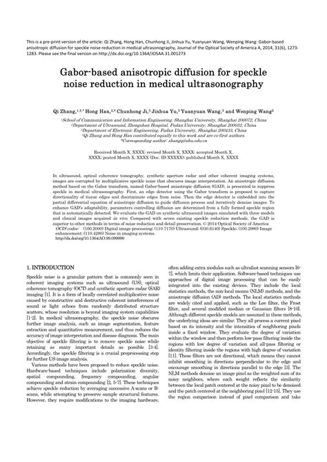 Pdf Gabor Based Anisotropic Diffusion For Speckle Noise Reduction In