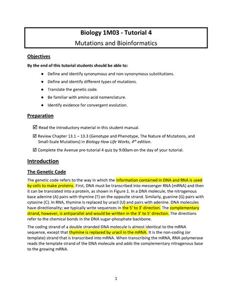 Tutorial 4 Mutations And Bioinformatics F2023 Biology 1m03 Tutorial