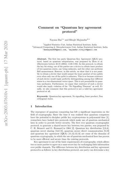 Comment On Quantum Key Agreement Protocol Deepai
