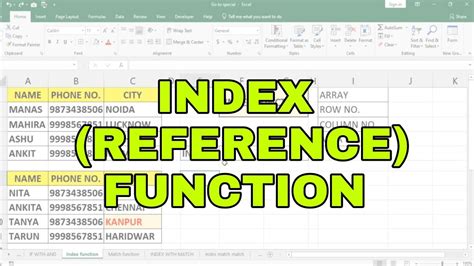 Index Reference Function In Excel Youtube