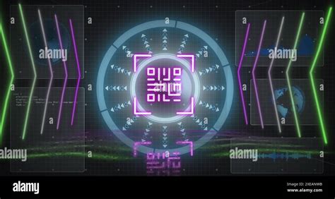 Image Of Qr Code And Scope Scanning Over Neon Lines On Black Background