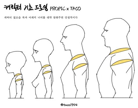 「캐릭터 옆모습 목과 어깨의 너비를 대략 맞춰주면 안정적이다」타코작가の漫画
