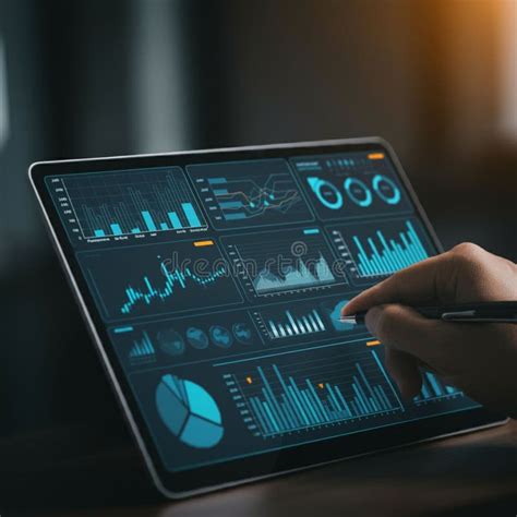 a tablet displays a digital dashboard with various graphs and charts