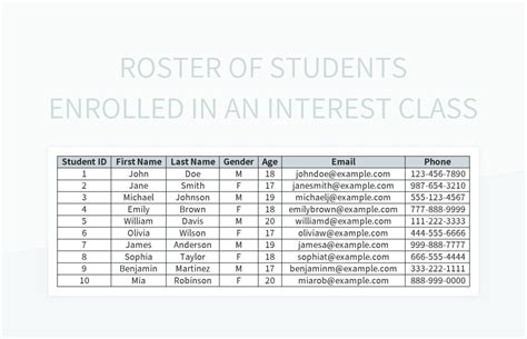 Roster Of Students Enrolled In An Interest Class Excel Template And