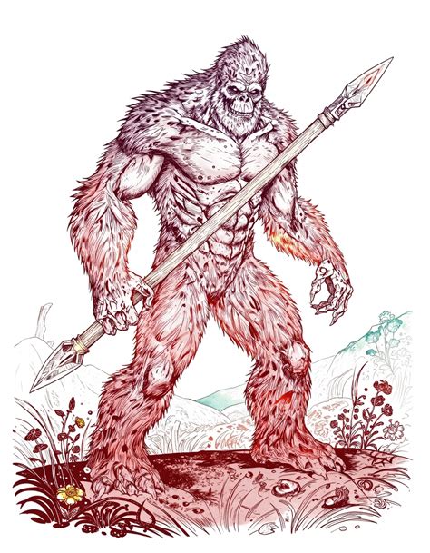 A Drawing Of A Bigfoot Holding A Spear In His Hand Ai Horror Image