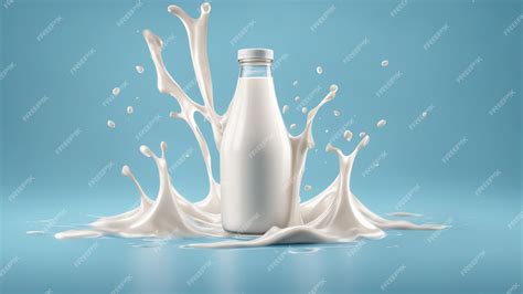 3d 액체 우유 음료 광고 템플릿 모형 우유 스플래시 파란색 배경 프리미엄 사진