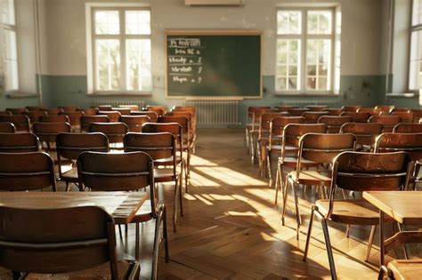 Empty Classroom With Rows Of Desks Premium Ai Generated Image