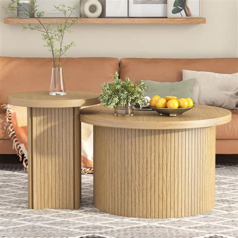 Wakeeping Nesting Coffee Table Set Of 2modern Round Wooden