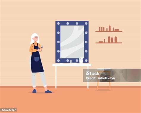 뷰티 스튜디오 플랫 벡터 일러스트의 내부에 메이크업 아티스트 여성 개인 장식품에 대한 스톡 벡터 아트 및 기타 이미지 개인