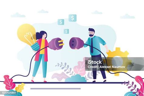 두 명의 사업가가 서로 전선을 당깁니다 남자와 여자는 플러그와 전선을 개최 비즈니스 연결 팀워크의 개념 개념에 대한 스톡 벡터 아트 및 기타 이미지 Istock