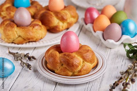 Traditional Easter Bun Bread In A Shape Of Wreath Made From Yeast Dough