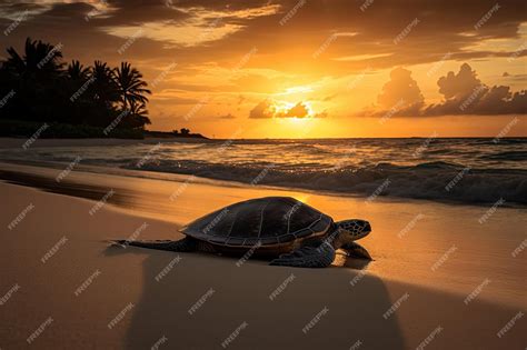 Premium Ai Image Tropical Beach At Sunset Turtle Resting Generative Ia
