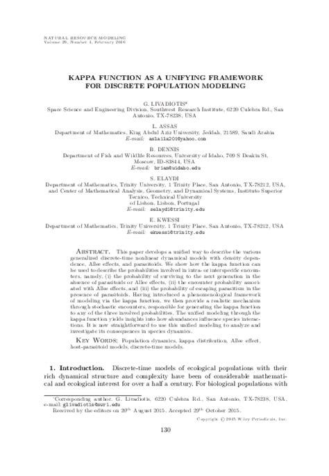 Pdf Kappa Function As A Unifying Framework For Discrete Population
