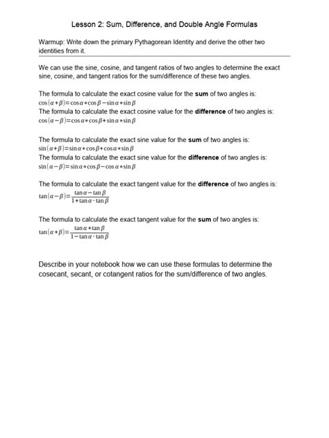 Lesson 2 Sum And Double Angle Formulas Pdf Trigonometric Functions Mathematical Analysis