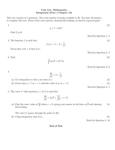 Edexcel Pure 1 Chapter 13 Part 12 Unit Test Basic Integration