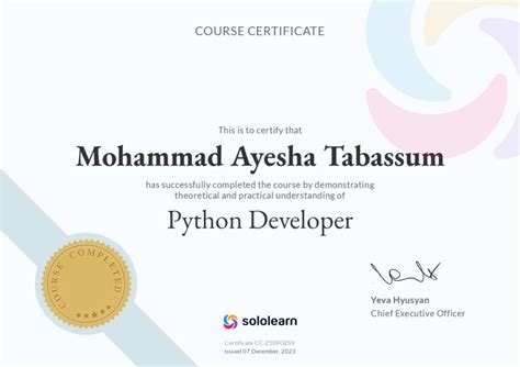 Pythondeveloper Sololearncertified Ayesha Tabassum