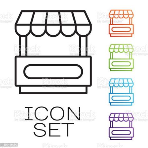 흰색 배경에 고립 된 차양 아이콘이있는 검은 줄 패스트 스트리트 푸드 카트 어반 키오스크 다채로운 아이콘을 설정합니다 벡터 거리에 대한 스톡 벡터 아트 및 기타 이미지