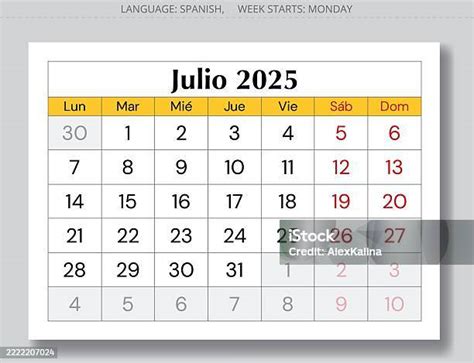 2025 년 스페인어 7 월 달력 페이지 월 Julio 달 스페인에 대 한 벡터 일러스트 0명에 대한 스톡 벡터 아트 및 기타 이미지 Istock