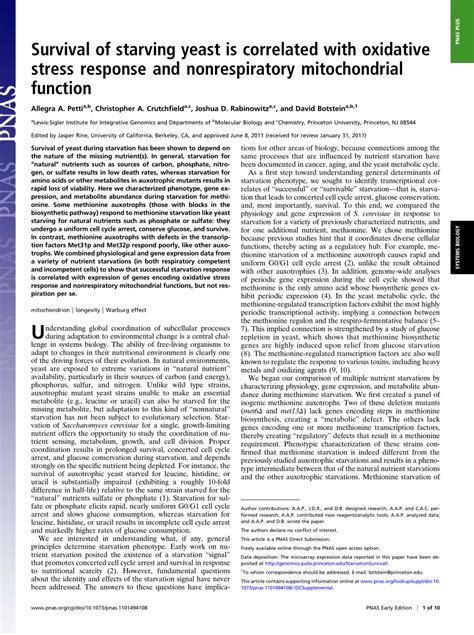 Pdf Survival Of Starving Yeast Is Correlated With Oxidative Stress Response And Nonrespiratory