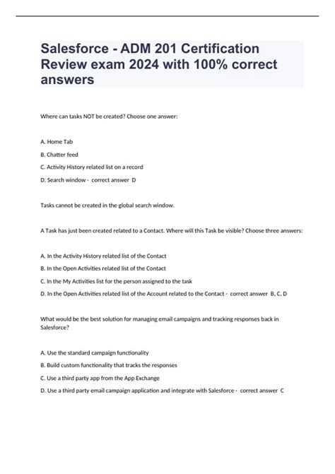 Salesforce Adm 201 Certification Review Exam 2024 With 100 Correct