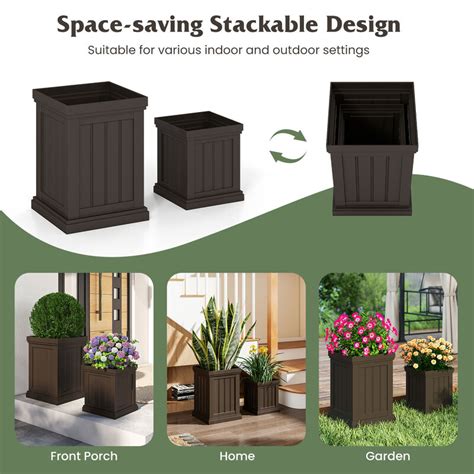 Set Of 2 Square Plastic Planters With Drainage Holes And Stackable