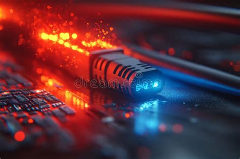 Close Up Of Glowing Red Ethernet Cables Plugged Into A Network Switch Symbolizing Fast Data
