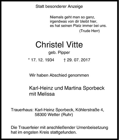 Traueranzeigen Von Christel Vitte Trauer In Nrwde