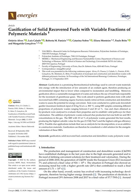 Pdf Gasification Of Solid Recovered Fuels With Variable Fractions Of Polymeric Materials