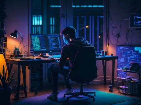 Premium Ai Image Student Doing Coding On His Computer Setup With