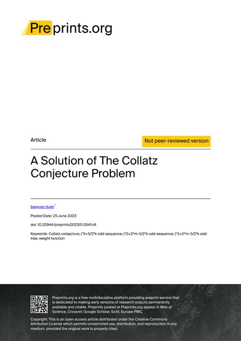 Pdf A Solution Of The Collatz Conjecture Problem