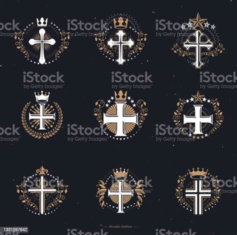 คริสเตียนครอสตราสัญลักษณ์ตั้ง โลโก้ตกแต่ง Heraldic Coat Of Arms คอลเลกชันภาพประกอบเวกเตอร์แยก