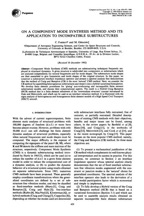Pdf On A Component Mode Synthesis Method And Its Application To Incompatible Substructures