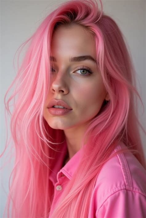 A Close Up Of A Woman With Pink Hair And A Pink Shirt Long Pink Hair