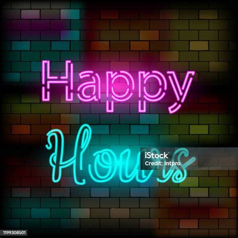 해피 아워 네온 사인 벡터 디자인 템플릿입니다 해피 아워 네온 로고 밝은 배너 디자인 요소 다채로운 현대 디자인 트렌드 밤 밝은